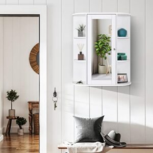 COSTWAY Wall Mounted Bathroom Cabinet - Storage Organizer with Mirror Door, Adjustable Shelves & 6 Open Racks, Space-Saving Hanging Medicine Cabinet for Living Room Kitchen Entryway (White)