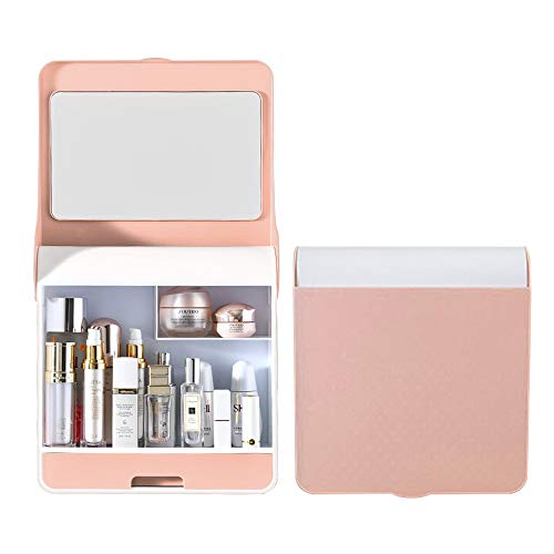 Bathroom Waterproof Organizer and Storage with Mirror and Lid, Pink Plastic Wall Mount Cabinet Vanity Makeup Cosmetic Organization Box with Doors for RV, Space Saving Small Medicine Shelf Shelves