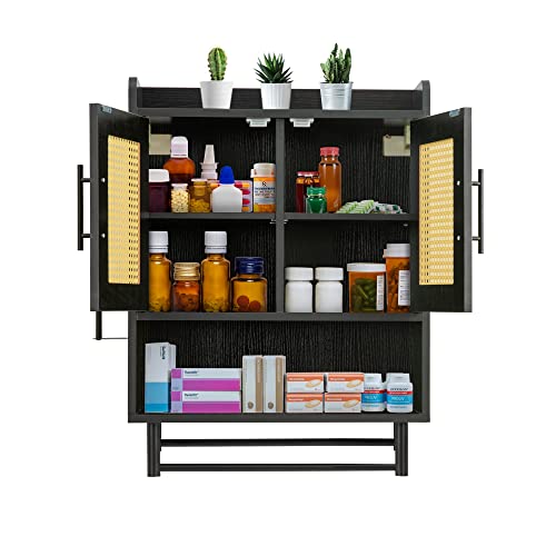 SUNTAGE Bathroom Wall Cabinet, Over Toilet Storage Cabinet w/2 Towel Bar, Paper Roll Holder & Adjustable Shelf in 9 Combinations, Medicine Cabinets Ideal for Bathroom, Living Room, Kitchen (Black)