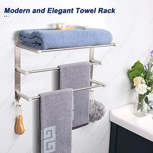 NearMoon Bathroom 3 Tier Towel Shelf- Premium SUS304 Stainless Steel Towel Rack with Double Towel Bar Space Saving Towel Hangers Bath Storage Organizer Accessory Wall Mounted (24 Inch, Brushed Nickel)