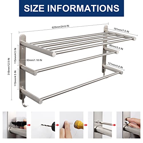 NearMoon Bathroom 3 Tier Towel Shelf- Premium SUS304 Stainless Steel Towel Rack with Double Towel Bar Space Saving Towel Hangers Bath Storage Organizer Accessory Wall Mounted (24 Inch, Brushed Nickel)