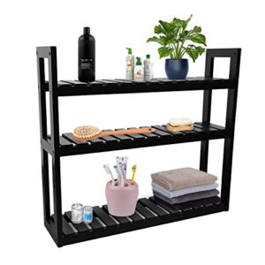 kdkd bathroom bamboo shelf organizer - 3 tier storage shelf with adjustable wall mounted shelf rack over toilet, use for bathroom, kitchen, living room - black