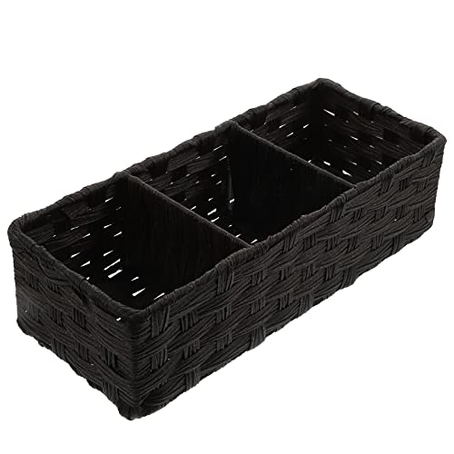 STOBOK Black Woven Storage Baskets Toilet Tank Topper Paper Basket 3 Compartment Storage Basket Desktop Storage Baskets Case Box for Organizer Small Things Makeup Bathroom Office Home (Black)