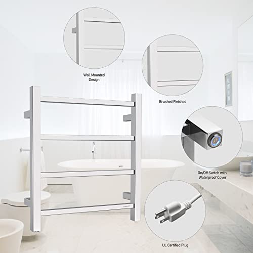 SHARNDY Towel Warmer Polished Chrome for Bathroom Wall Mounted Bath Towel Heater Plug-in Electric Heated Towel Rack Stainless Steel Square 4 Bars Drying Rack ETW13-2A 35W 19.69x17.71x4.33 inches