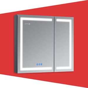 decadom led mirror medicine cabinet recessed or surface, defogger, dimmer, clock, room temp display, makeup mirror 3x, outlets & usbs (rubini 36x32)