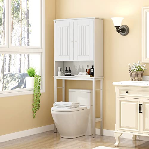 DMIDYLL Over The Toilet Storage Cabinet with Double Doors and Adjustable Shelves, Bathroom Storage Cabinet Over The Toilet, Toilet Organizer, White Wood