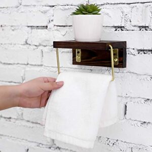 MyGift Rustic Brass Tone Metal Wire Bathroom Towel Ring with Dark Brown Burnt Wood Wall Mount, Hand Towel Rack with Display Shelf