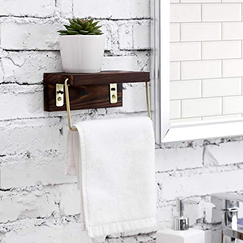 MyGift Rustic Brass Tone Metal Wire Bathroom Towel Ring with Dark Brown Burnt Wood Wall Mount, Hand Towel Rack with Display Shelf