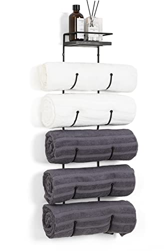 SODUKU Towel Rack Multifunctional Wall Mount Towel Wine Rack with Top Shelf Metal Towel Racks Storage Organizer Holder for Bathroom Bath Kitchen Black