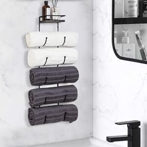 SODUKU Towel Rack Multifunctional Wall Mount Towel Wine Rack with Top Shelf Metal Towel Racks Storage Organizer Holder for Bathroom Bath Kitchen Black