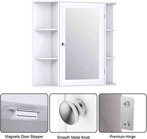 Casart Wall Mounted Bathroom Cabinet with Mirror, Single Door Medicine Cabinet with 4-Tier Inner Shelf