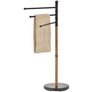 MyGift 40 Inch Black Steel Freestanding Bathroom Towel Rack with 3 Swivel Arms and Oak Wood-Tone Finish, Indoor and Outdoor Pool Spa Towel Holder