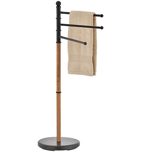 MyGift 40 Inch Black Steel Freestanding Bathroom Towel Rack with 3 Swivel Arms and Oak Wood-Tone Finish, Indoor and Outdoor Pool Spa Towel Holder