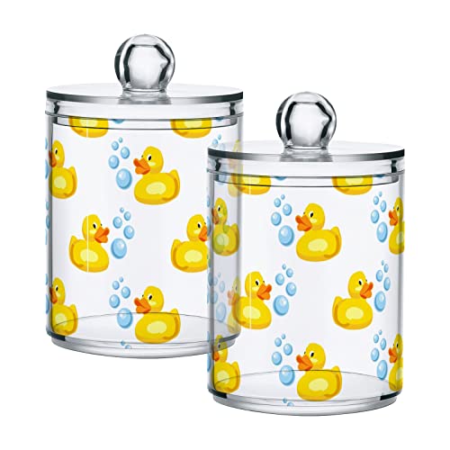 2 Pack Plastic Cotton Swab Ball Pad Holder Yellow Rubber Ducks Jars Bathroom Storage Organizer Bathroom Canisters with Lids for Bathroom Canister Storage Organization, Vanity Makeup Organizer