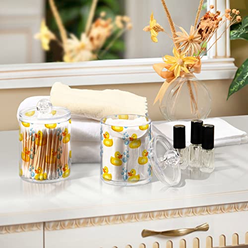 2 Pack Plastic Cotton Swab Ball Pad Holder Yellow Rubber Ducks Jars Bathroom Storage Organizer Bathroom Canisters with Lids for Bathroom Canister Storage Organization, Vanity Makeup Organizer