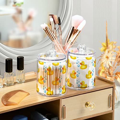 2 Pack Plastic Cotton Swab Ball Pad Holder Yellow Rubber Ducks Jars Bathroom Storage Organizer Bathroom Canisters with Lids for Bathroom Canister Storage Organization, Vanity Makeup Organizer