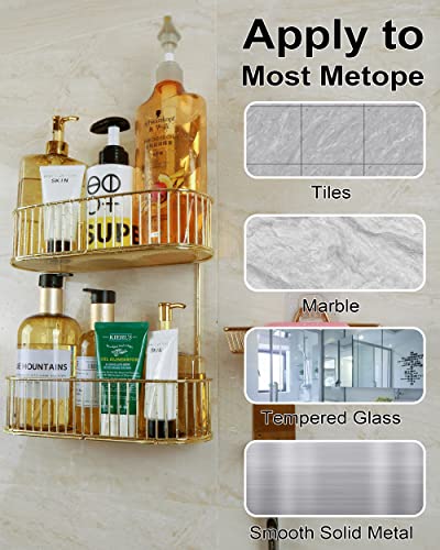 THCOFUUD No Drilling Shower Caddy, 3 Pack Rustproof Stainless Steel Organizer With Soap Holder & 2 Razor Hooks, Wall Mounted Shelves, Adhesive Rack, Large Capacity Basket for Storage, Gold Decor