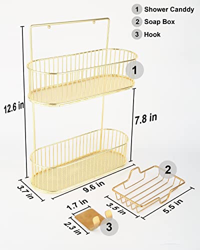 THCOFUUD No Drilling Shower Caddy, 3 Pack Rustproof Stainless Steel Organizer With Soap Holder & 2 Razor Hooks, Wall Mounted Shelves, Adhesive Rack, Large Capacity Basket for Storage, Gold Decor