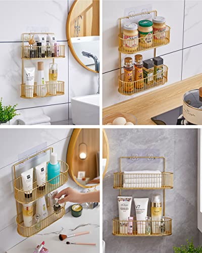 THCOFUUD No Drilling Shower Caddy, 3 Pack Rustproof Stainless Steel Organizer With Soap Holder & 2 Razor Hooks, Wall Mounted Shelves, Adhesive Rack, Large Capacity Basket for Storage, Gold Decor