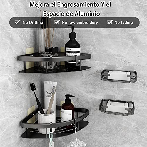 RELPOM Shower Corner Caddy, [2Pack with 2 Soap Dishes] No Drilling Adhesive Black Bathroom Basket Shelf with Hooks,Space Aluminum Rustproof Waterproof Home Essentials