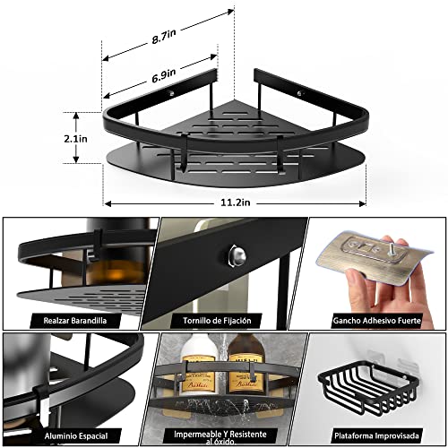 RELPOM Shower Corner Caddy, [2Pack with 2 Soap Dishes] No Drilling Adhesive Black Bathroom Basket Shelf with Hooks,Space Aluminum Rustproof Waterproof Home Essentials