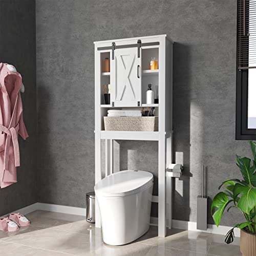 Farmhouse Over The Toilet Storage, Freestanding Over Toilet Bathroom Organizer with Sliding Barn Door, Space Saver Toilet Stands for Bathroom, 68 Inch, White