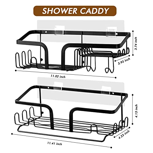 ST. BRIDGE 2 Pack Black Adhesive Shower Caddy, Shower Organizer Shelves No Drilling with Soap Holder, RustProof Stainless Steel Bathroom 11 Hanging Hooks Shower Racks Storage for Bathroom Kitchen