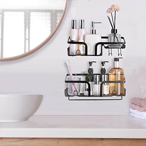 ST. BRIDGE 2 Pack Black Adhesive Shower Caddy, Shower Organizer Shelves No Drilling with Soap Holder, RustProof Stainless Steel Bathroom 11 Hanging Hooks Shower Racks Storage for Bathroom Kitchen