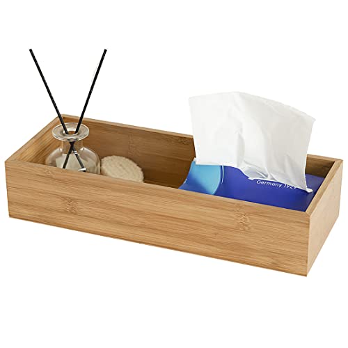 Natural Bamboo Bathroom Tray -Wooden Basket for Toilet Tank Top and Counter - Home Decor Wood Box for Toilet Paper Storage - Towel Holder for Guest