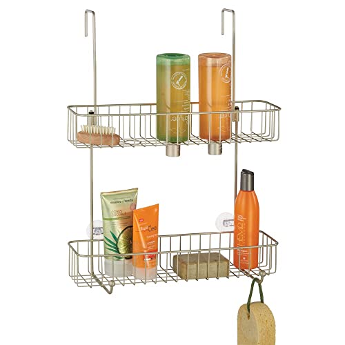 mDesign Extra Wide Metal Wire Over the Bathroom Shower Door Caddy, Hanging Storage Organizer Center with Built-In Hooks and Baskets on 2 Levels for Shampoo, Body Wash, Loofahs - Satin