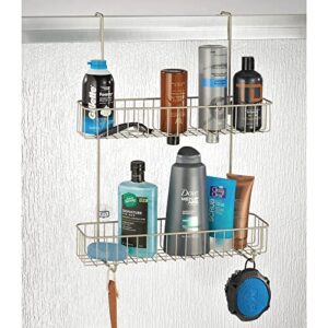 mDesign Extra Wide Metal Wire Over the Bathroom Shower Door Caddy, Hanging Storage Organizer Center with Built-In Hooks and Baskets on 2 Levels for Shampoo, Body Wash, Loofahs - Satin