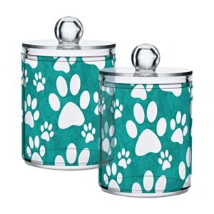 fustylead 2 pack teal dog paw prints plastic apothecary jar set for bathroom storage, qtip holder dispensers for cotton ball, swab, round pads, floss