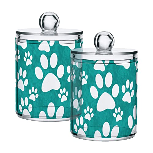 Fustylead 2 Pack Teal Dog Paw Prints Plastic Apothecary Jar Set for Bathroom Storage, Qtip Holder Dispensers for Cotton Ball, Swab, Round Pads, Floss