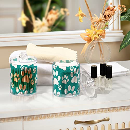 Fustylead 2 Pack Teal Dog Paw Prints Plastic Apothecary Jar Set for Bathroom Storage, Qtip Holder Dispensers for Cotton Ball, Swab, Round Pads, Floss