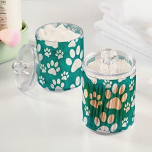 Fustylead 2 Pack Teal Dog Paw Prints Plastic Apothecary Jar Set for Bathroom Storage, Qtip Holder Dispensers for Cotton Ball, Swab, Round Pads, Floss