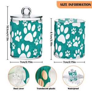 Fustylead 2 Pack Teal Dog Paw Prints Plastic Apothecary Jar Set for Bathroom Storage, Qtip Holder Dispensers for Cotton Ball, Swab, Round Pads, Floss