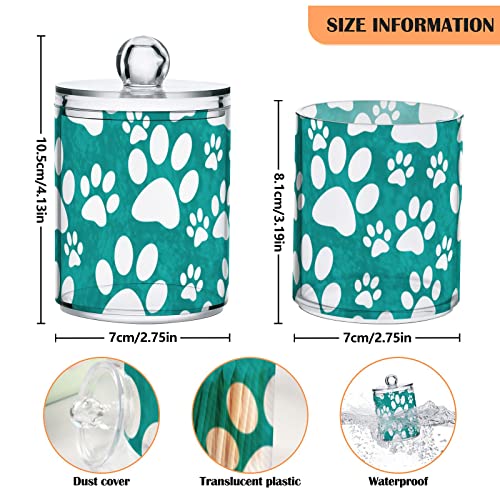 Fustylead 2 Pack Teal Dog Paw Prints Plastic Apothecary Jar Set for Bathroom Storage, Qtip Holder Dispensers for Cotton Ball, Swab, Round Pads, Floss