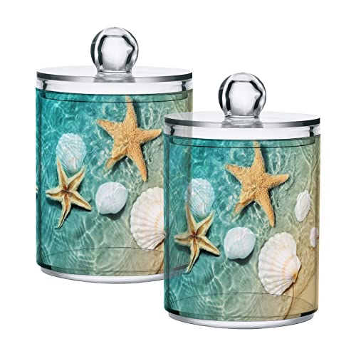 YYZZH Starfish Seashell In Clear Sea Water Ocean Beach 2 Pack Qtip Holder Dispenser for Cotton Swab Ball Round Pads Floss 10 Oz Apothecary Jar Set for Bathroom Canister Storage Makeup Organizer