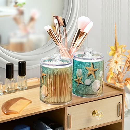 YYZZH Starfish Seashell In Clear Sea Water Ocean Beach 2 Pack Qtip Holder Dispenser for Cotton Swab Ball Round Pads Floss 10 Oz Apothecary Jar Set for Bathroom Canister Storage Makeup Organizer