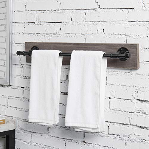 MyGift Realistic Metal Pipe Bathroom Towel Bar with Rustic Brown Solid Wood Wall Mount Industrial Bathroom Fixtures Hanging Towel Rack