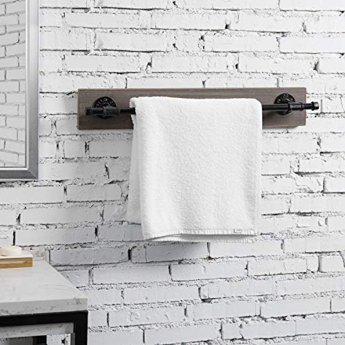 MyGift Realistic Metal Pipe Bathroom Towel Bar with Rustic Brown Solid Wood Wall Mount Industrial Bathroom Fixtures Hanging Towel Rack