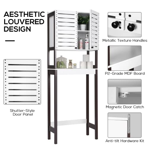 VOWNER Over The Toilet Storage Cabinet, 3-Tier Bathroom Organizer with Louvered-Style Doors and Adjustable Shelf, White and Coffee Brown MDF Board