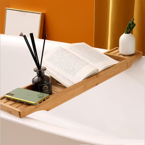 Huskydg Long Slatted Bathtub Tray Bathtub Trays Bamboo Bathtub Caddy Tray for Bath Tub Wooden for Luxury and Relaxing Fits Most Tubs Gift for Loved Ones,Wood Color