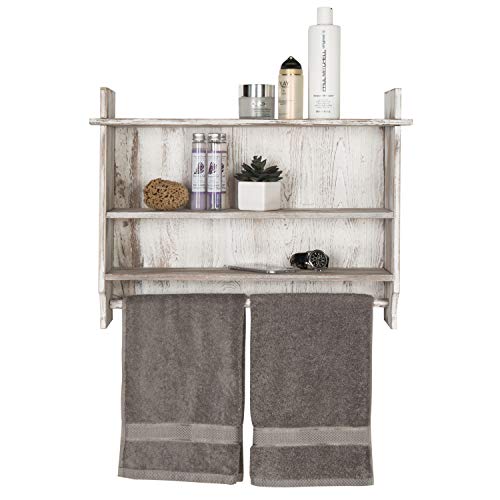 MyGift Wall Mounted Whitewashed Wood Bathroom Shelf Organizer Storage Rack with 3 Tier Shelving and 23 Inch Hand Towel Bar