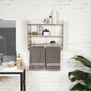 MyGift Wall Mounted Whitewashed Wood Bathroom Shelf Organizer Storage Rack with 3 Tier Shelving and 23 Inch Hand Towel Bar