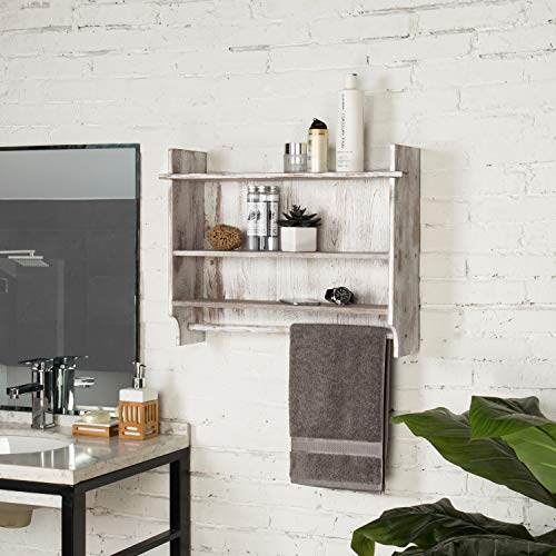 MyGift Wall Mounted Whitewashed Wood Bathroom Shelf Organizer Storage Rack with 3 Tier Shelving and 23 Inch Hand Towel Bar