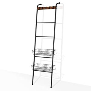 blanket ladder black farmhouse leaning towel ladder holder with 2 metal baskets 4 tier decorative ladder rack with 5 removable hooks for living room bathroom bedroom, industrial brown