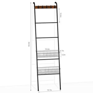 Blanket Ladder Black Farmhouse Leaning Towel Ladder Holder with 2 Metal Baskets 4 Tier Decorative Ladder Rack with 5 Removable Hooks for Living Room Bathroom Bedroom, Industrial Brown