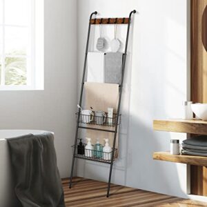 Blanket Ladder Black Farmhouse Leaning Towel Ladder Holder with 2 Metal Baskets 4 Tier Decorative Ladder Rack with 5 Removable Hooks for Living Room Bathroom Bedroom, Industrial Brown