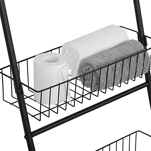 Blanket Ladder Black Farmhouse Leaning Towel Ladder Holder with 2 Metal Baskets 4 Tier Decorative Ladder Rack with 5 Removable Hooks for Living Room Bathroom Bedroom, Industrial Brown